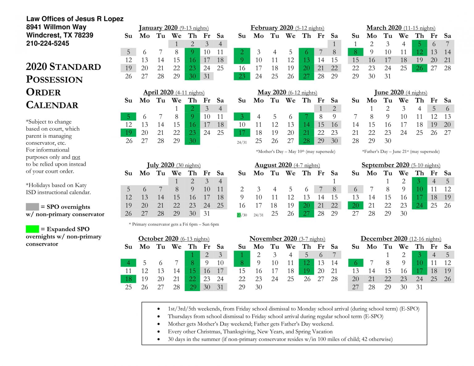 2020 HLF Standard Possession Order Calendar 2 1 Law Offices Of 